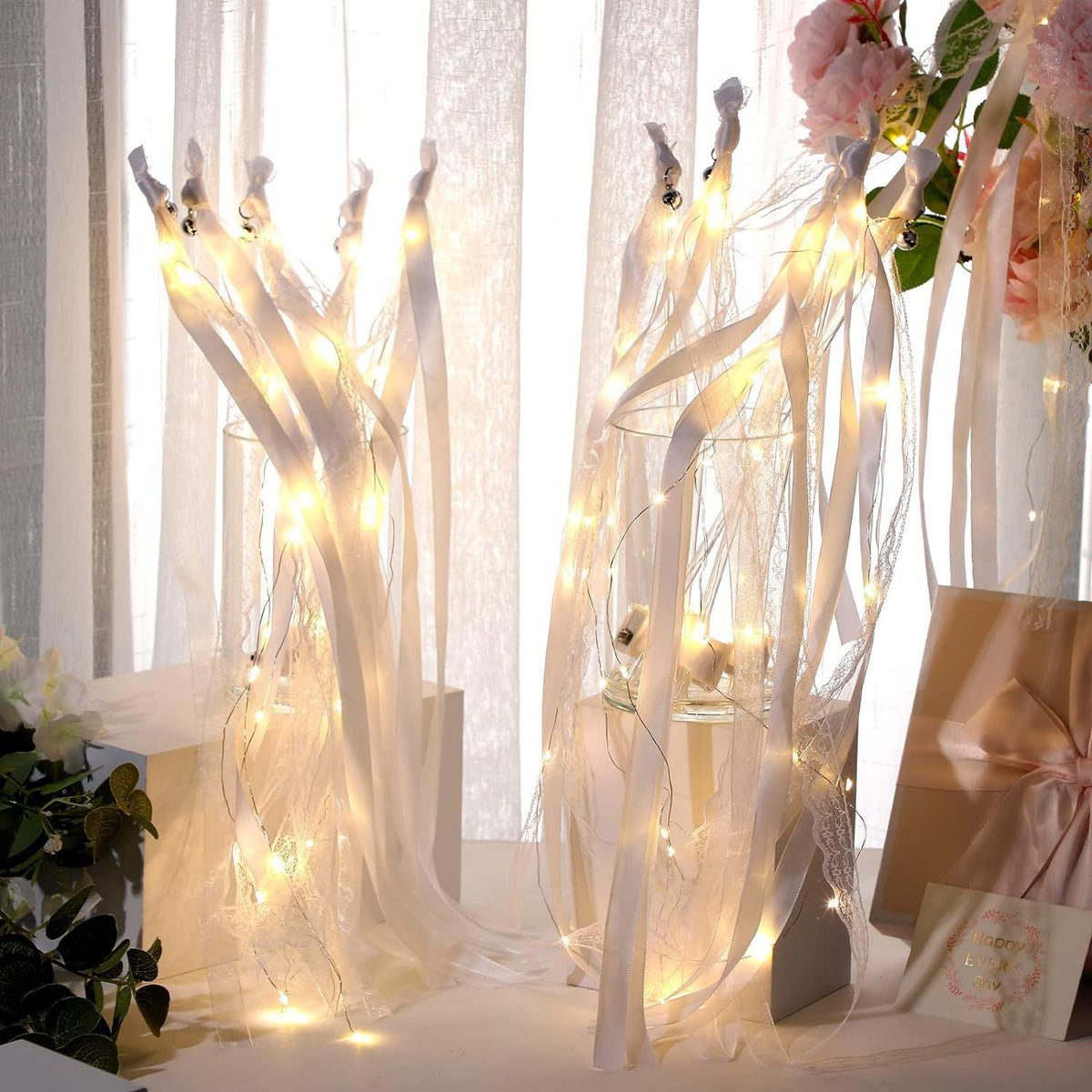 50 Ribbon Streamers Wedding Wands with LED Fairy Lights &Bells for Wed ...
