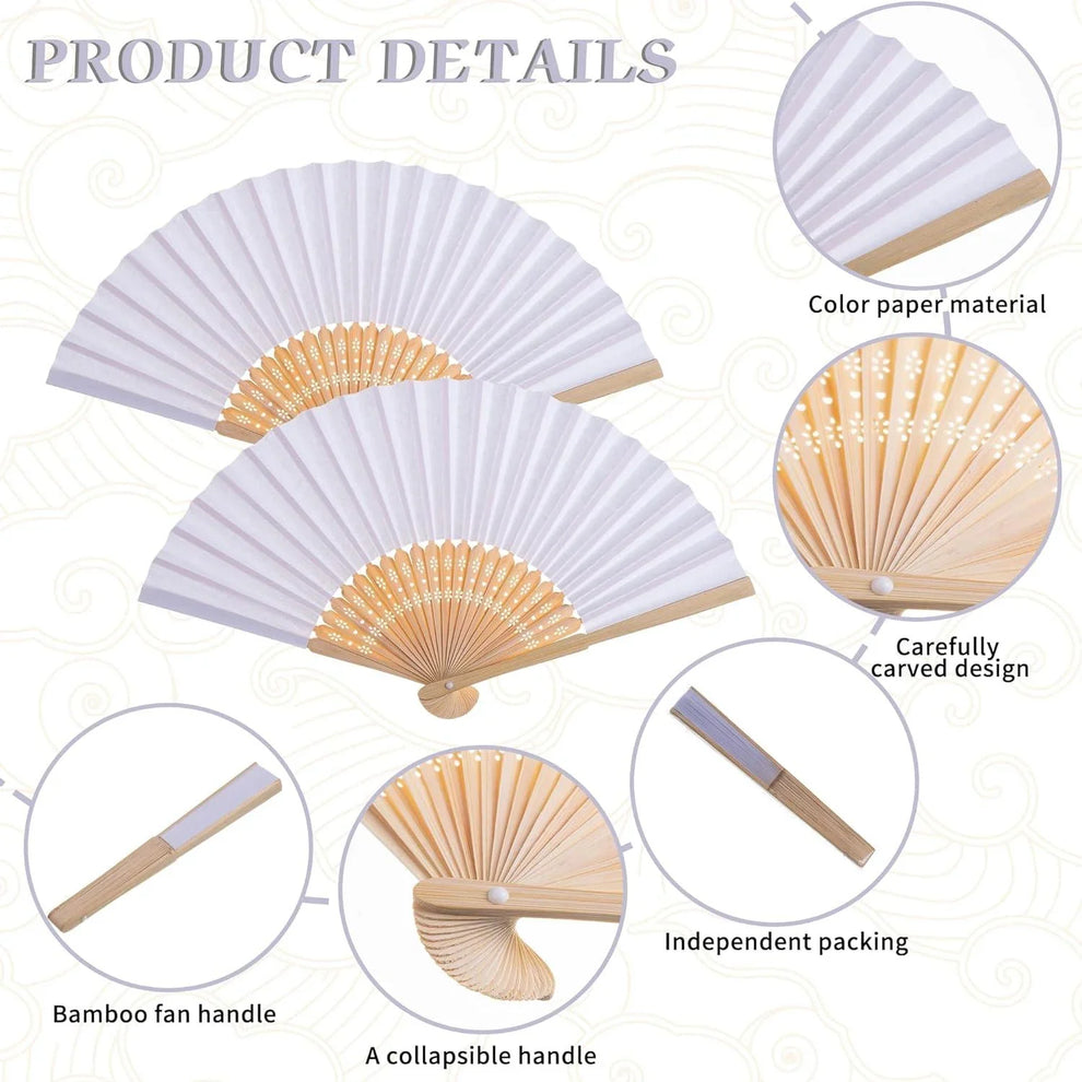 50pcs Bamboo Folding White Paper Hand Fan for Wedding Party – Hibrides