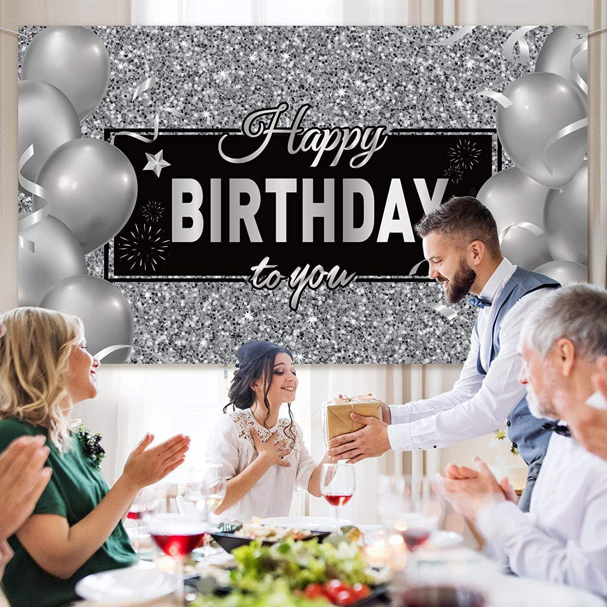 Silver Happy Birthday Banner Backdrop Silver Birthday Party Decoration ...