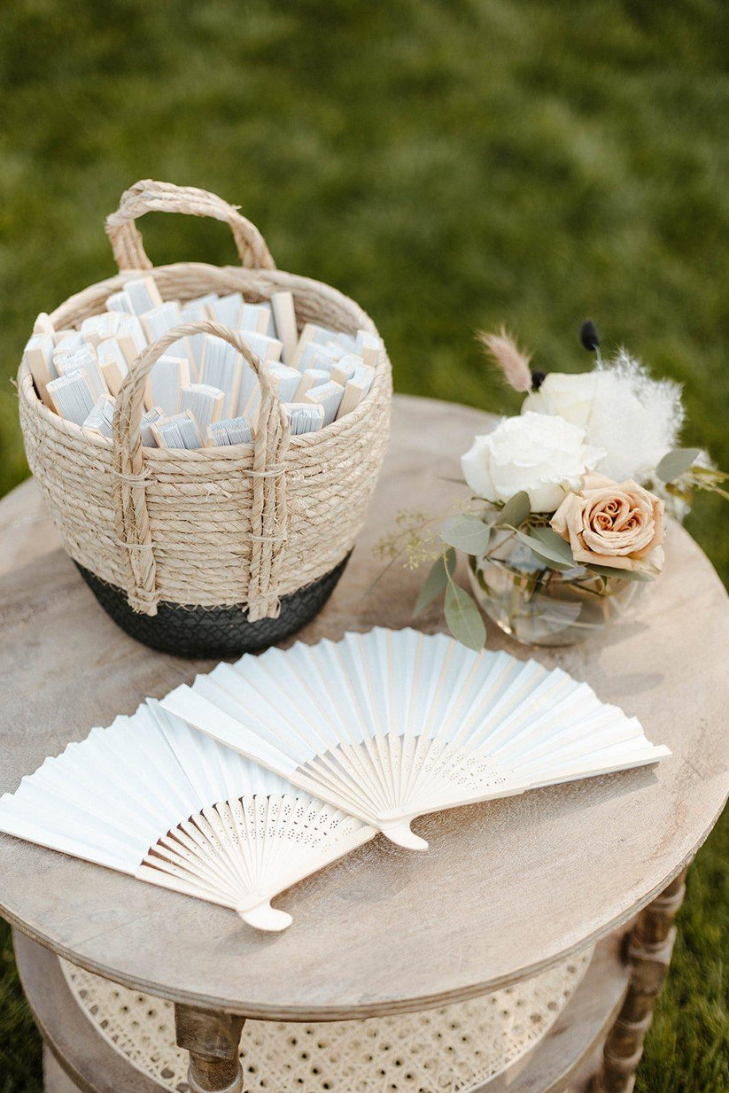 50pcs Bamboo Folding White Paper Hand Fan for Wedding Party – Hibrides