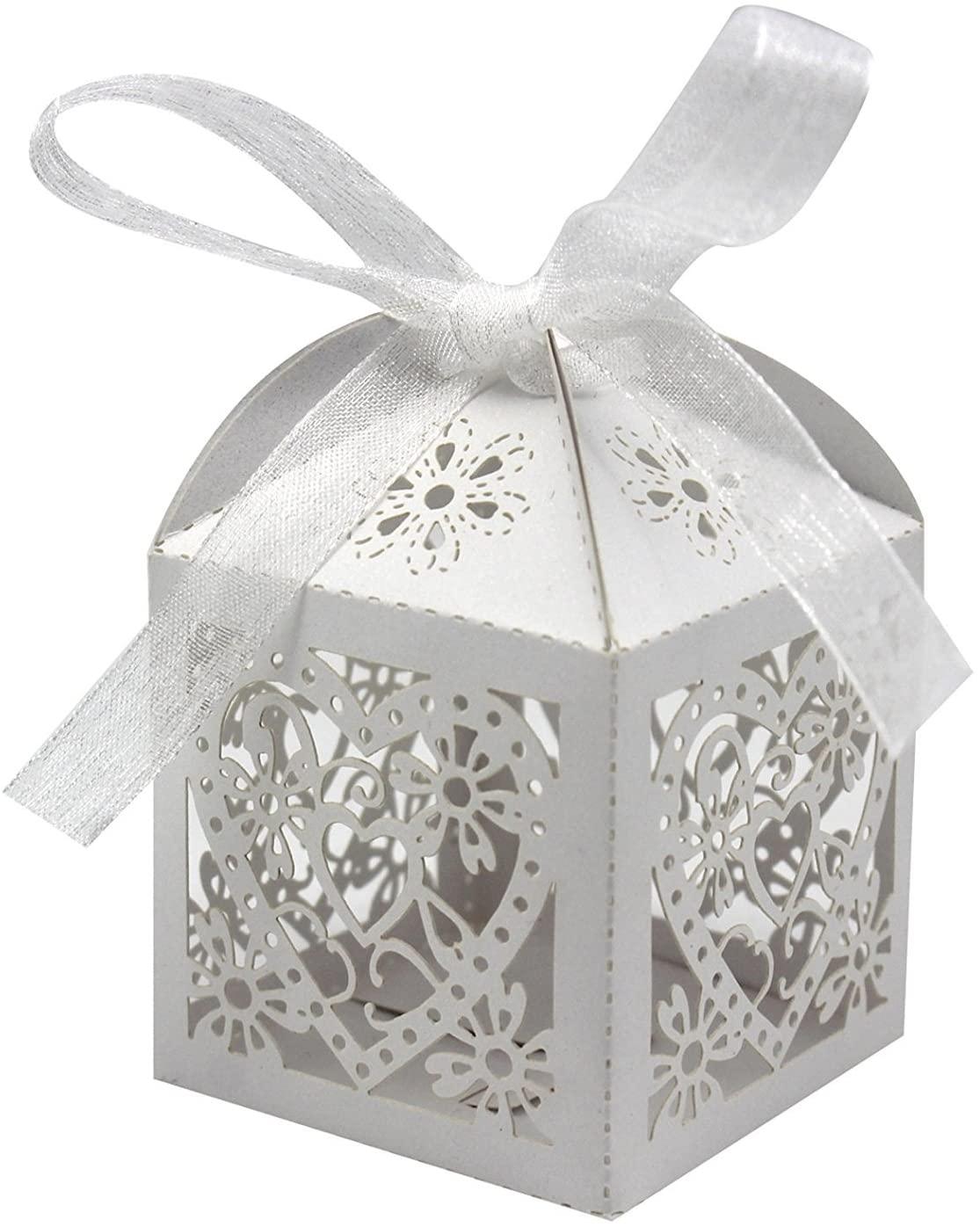 100 Pack Love Heart Laser Cut Wedding Party Favor Box with Ribbon ...
